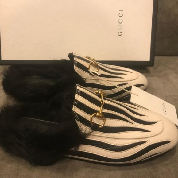 Gucci | Shoes | Gucci Princetown Zebra Leather Fur Flat Mule Slide ...